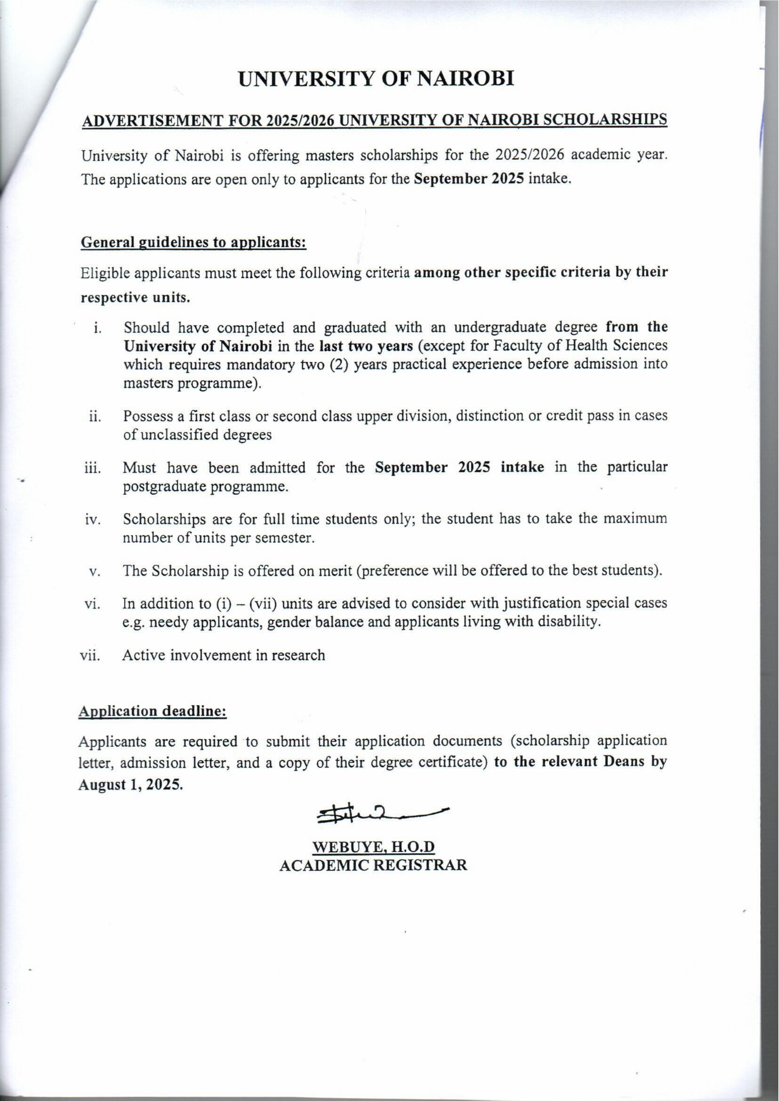 Advertisement for 2025/2026 University of Nairobi Scholarships | Department of Food Science ...